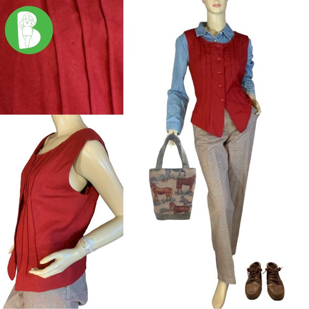 Vintage Rena Rowan For Saville Brick Red Pleated Vest… - Gem